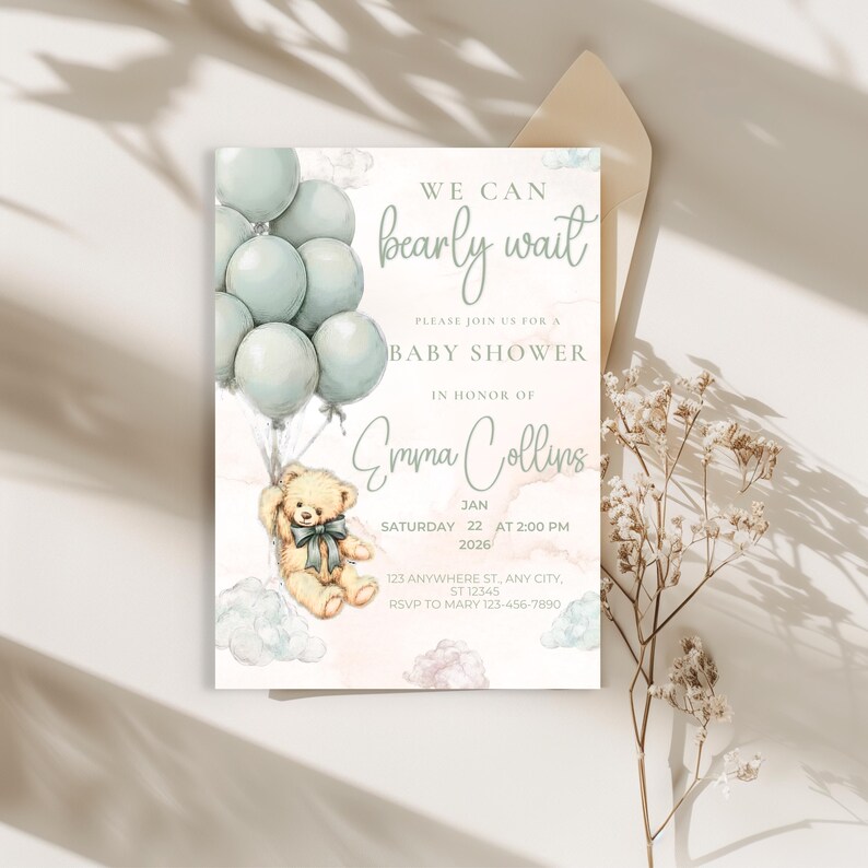 Teddy Bear Baby Shower Invitation, Sage Green "we Can Bearly Wait ...