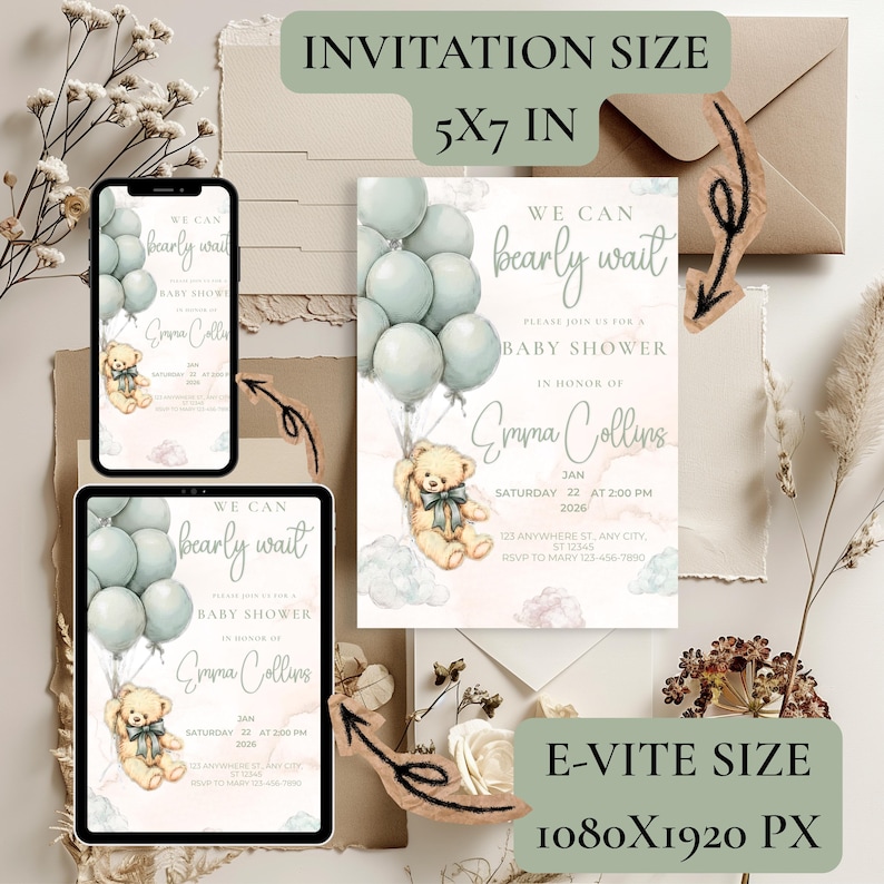 Teddy Bear Baby Shower Invitation, Sage Green "we Can Bearly Wait ...