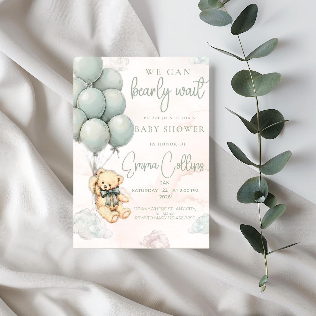 Teddy Bear Baby Shower Invitation, Sage Green "we Can Bearly Wait ...