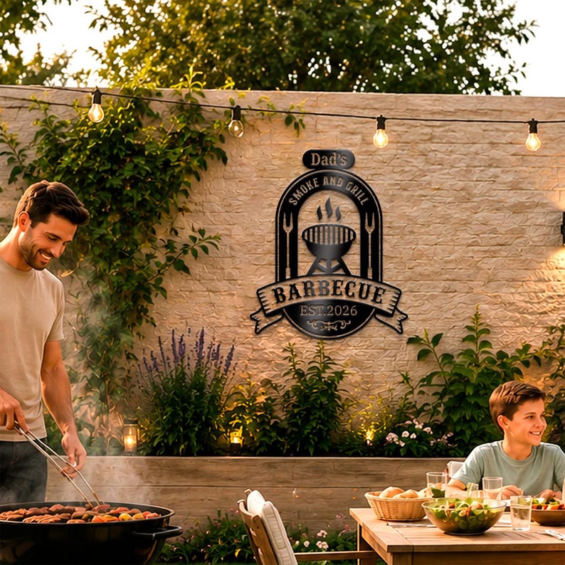 Dad's Smoke & Grill Barbecue Est. 2026 Metal Sign – Funny BBQ Dad Work ...