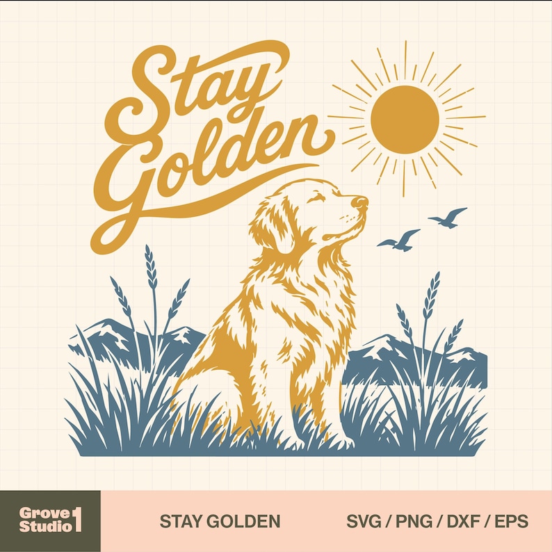 Golden Retriever Dog SVG, Retro Sun Meadow Design, Svg, Png, Dxf, Eps ...