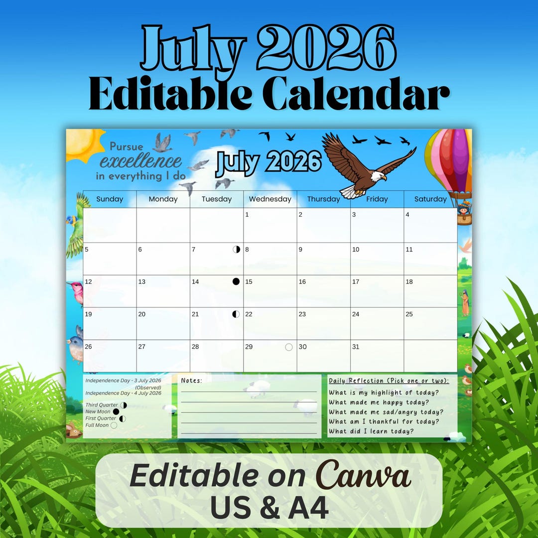 Editable July 2026 Calendar Nature Monthly Calendar Template Planner ...