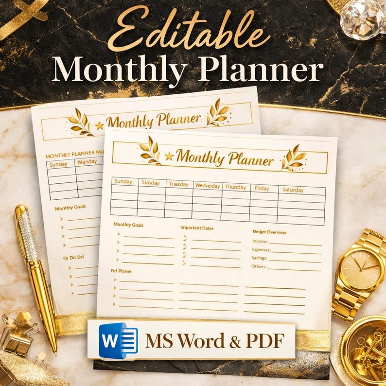 Editable Monthly Planner | Goals, Budget, Meal Tracker (MS Word, PDF ...