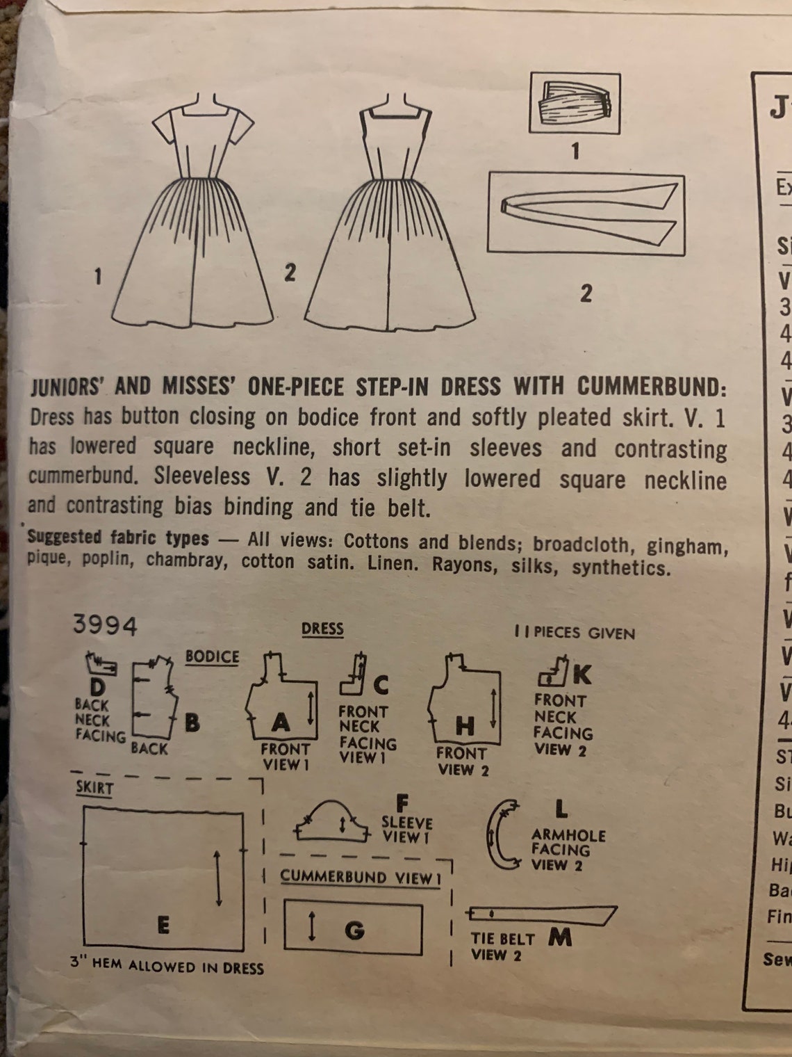 Simplicity Pattern 3994 Dress Square Neck Pleat Skirt | Etsy