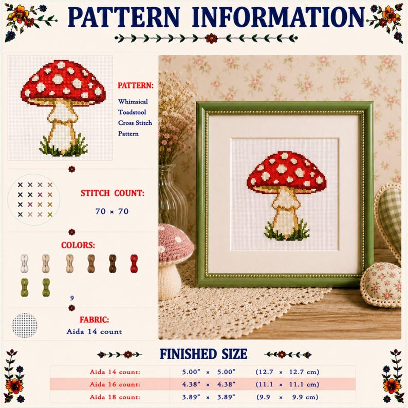 Mushroom Cross Stitch Pattern PDF | Red Toadstool Amanita Cottagecore ...
