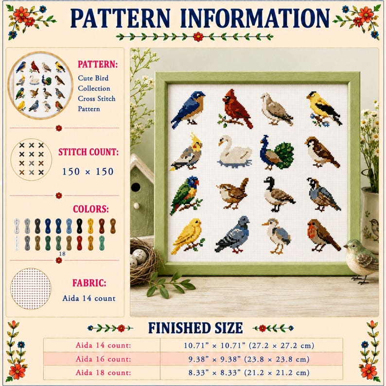 Bird Sampler Cross Stitch Pattern PDF | Cardinal Bluebird Peacock Swan ...