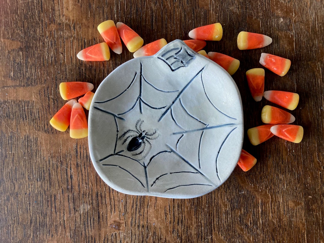 Spoon Rest WHITE PUMPKIN SPIDER Web Stoneware Handmade - Etsy