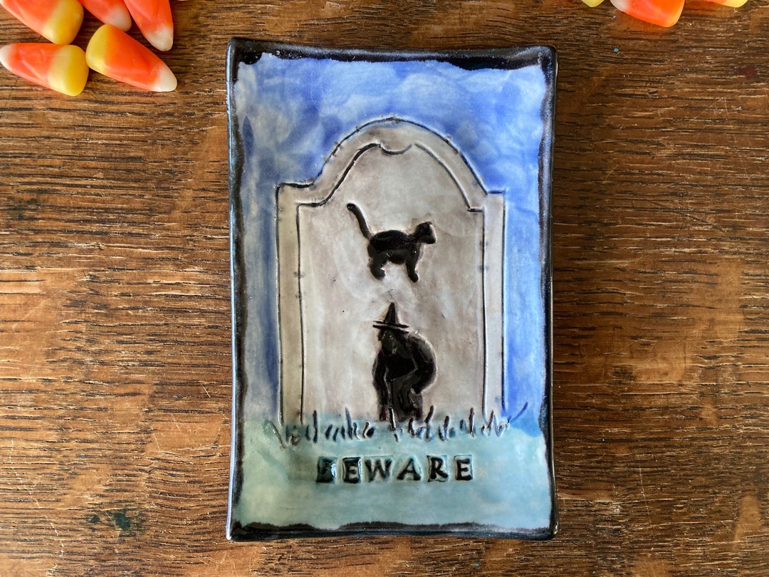 SPOON REST TOMBSTONE "beware" Cat and Witch Stoneware Handmade - Etsy