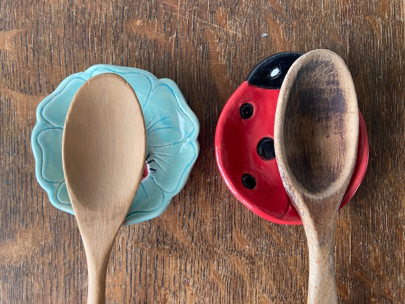 TEABAG HOLDER 2 Piece Set CERAMIC Ladybug and Blue Flower Stoneware ...