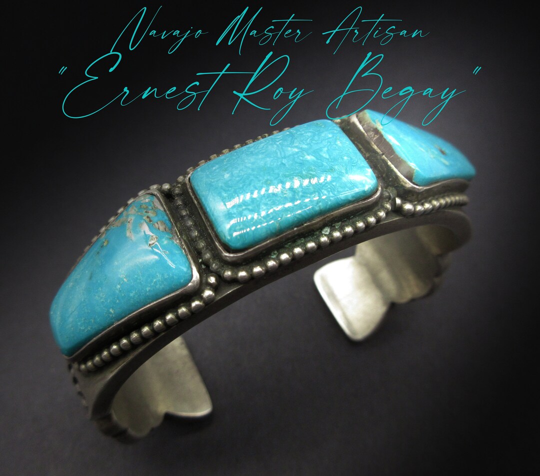 Navajo Artisan-ernest ROY Begay-incredible Turquoise Row Cuff With Hand ...