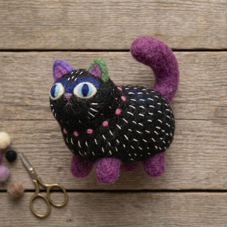 Beginner Needle Felting Kit: Black Cat DIY Craft Set, Wool Animal Hobby ...
