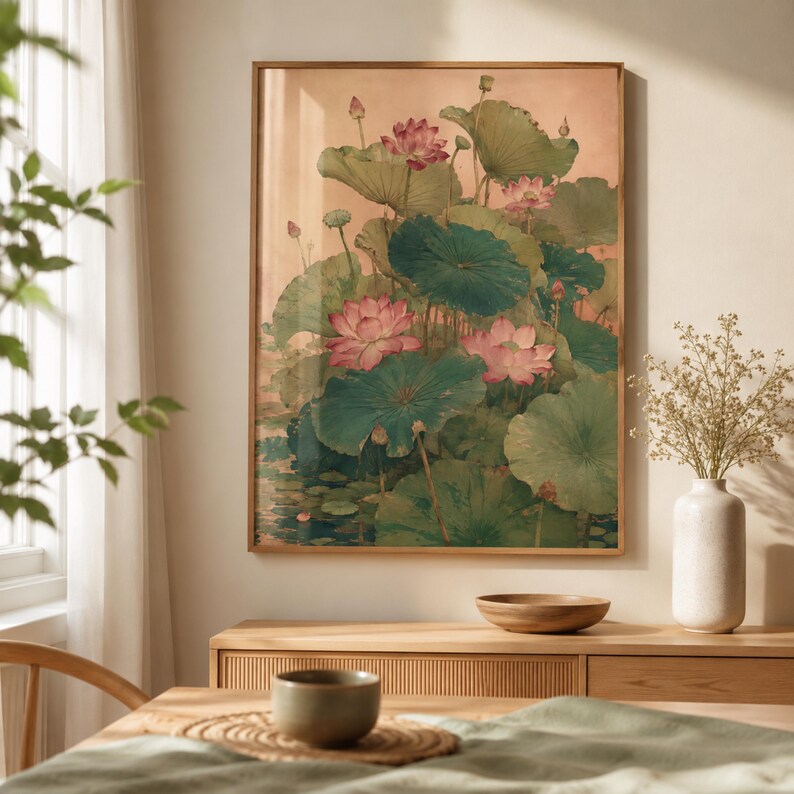 Vintage Lotus Flower Print, Japanese Botanical Pond Art, Japandi Nature ...