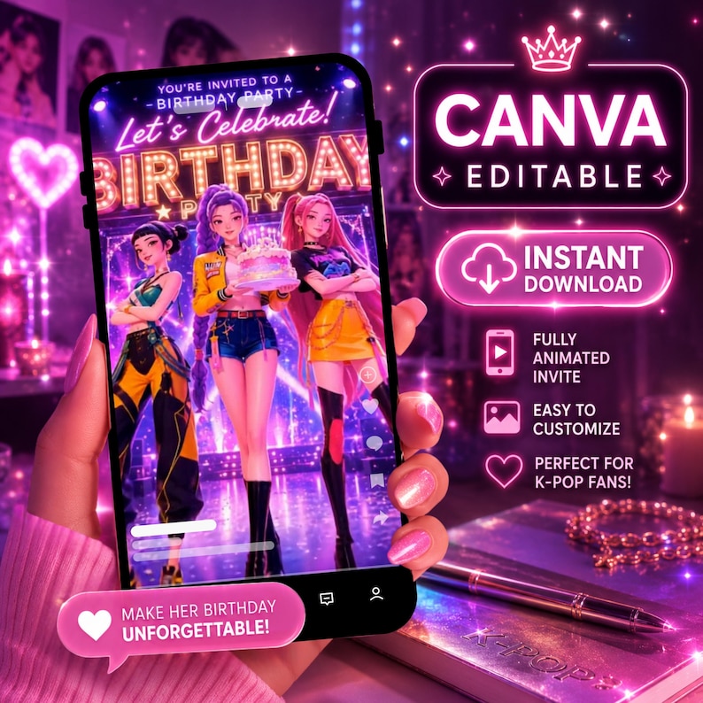 K-pop Demon Hunters Birthday Video Invitation, Editable Canva Animated ...