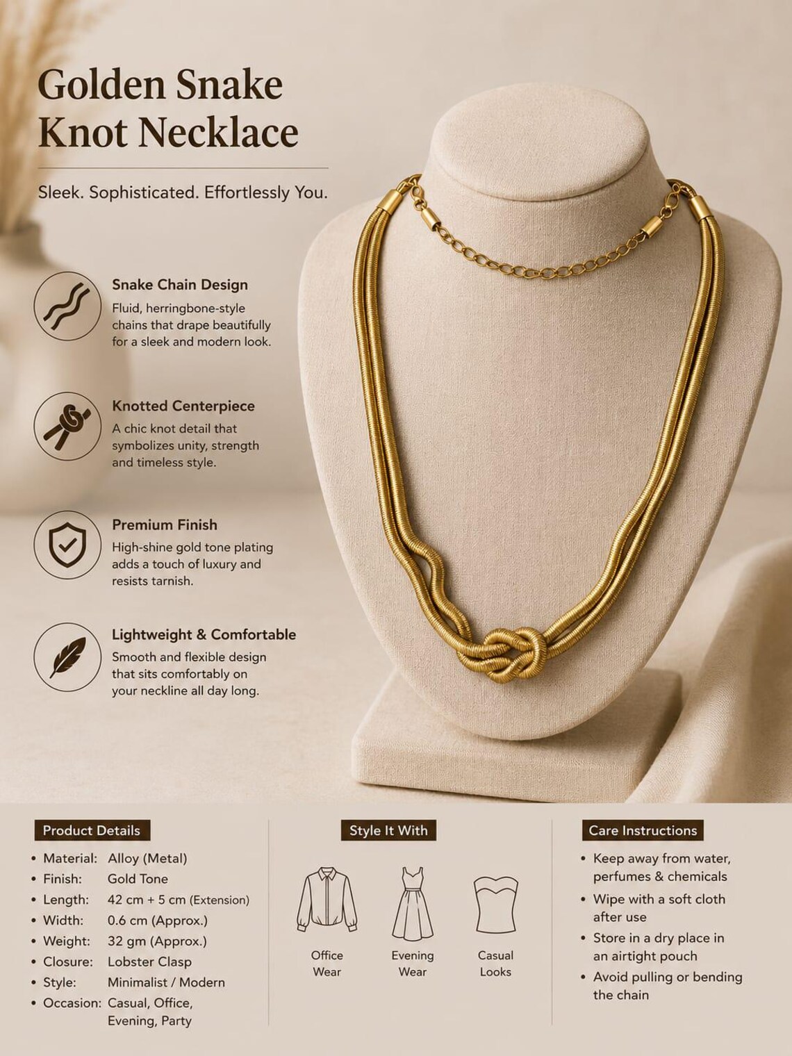 Golden Snake Knot Necklace | Serpent Chain Statement Jewelry, Modern ...