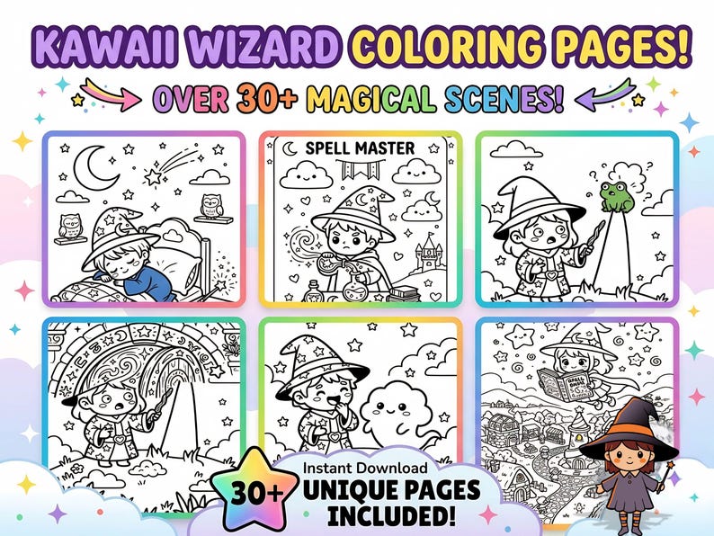 Kawaii Wizard Coloring Book, Magical Fantasy Scenes, Kids Activity ...