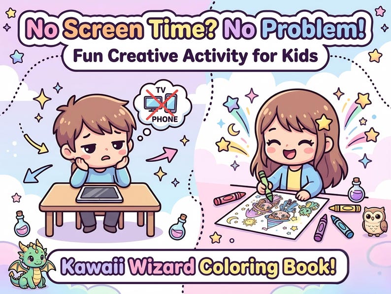 Kawaii Wizard Coloring Book, Magical Fantasy Scenes, Kids Activity ...