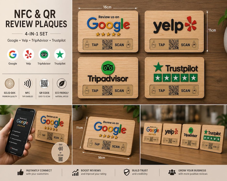 3D Wood NFC Review Plaque, Tap QR Code Business, Google Tripadvisor ...