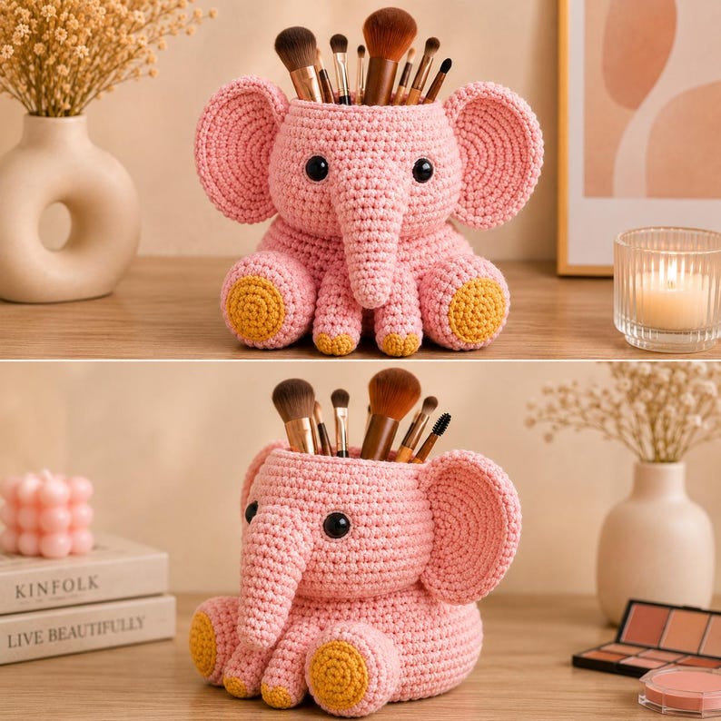 Crochet Elephant Brush Holder Pattern, Amigurumi Organizer, Desk ...