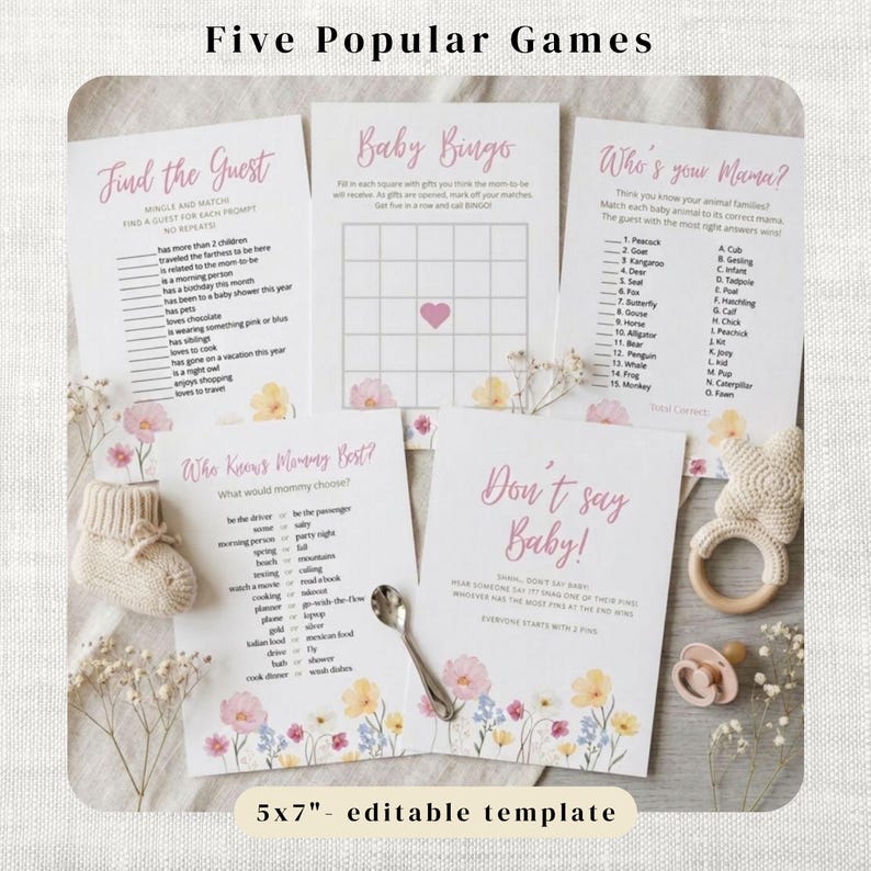 Wildflower Baby Shower Bundle Template, Editable Baby Shower Games ...