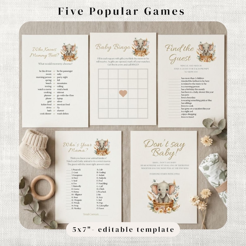 Boho Neutral Elephant Baby Shower Bundle, Editable Canva Templates ...