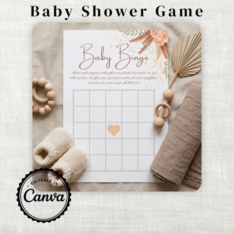 Boho Baby Shower Bingo Game Template Editable in Canva, Neutral Floral ...
