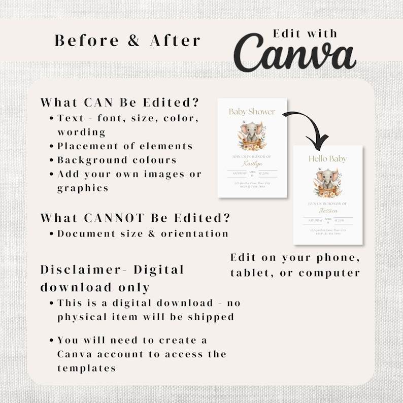 Boho Neutral Elephant Baby Shower Bundle, Editable Canva Templates ...