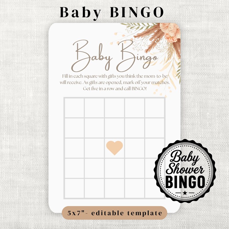 Boho Baby Shower Bingo Game Template Editable in Canva, Neutral Floral ...