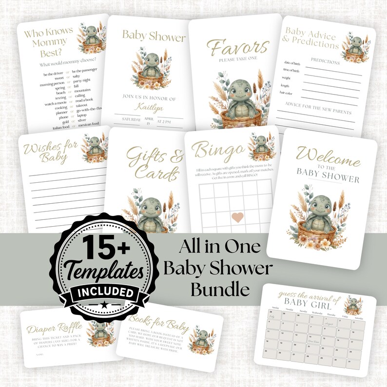 Turtle Baby Shower Bundle Canva Template, Boho Baby Shower Printable ...