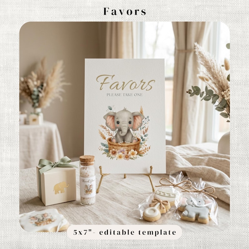 Boho Neutral Elephant Baby Shower Bundle, Editable Canva Templates ...