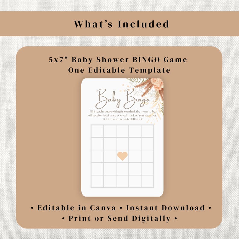 Boho Baby Shower Bingo Game Template Editable in Canva, Neutral Floral ...