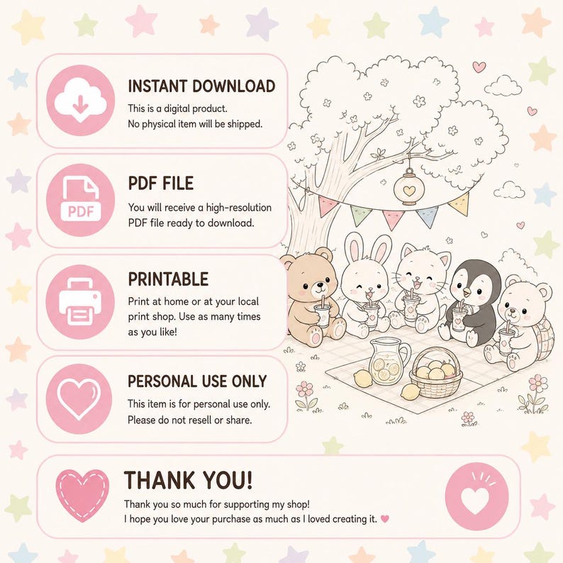 Kawaii Animal Camping Coloring Book | Friends, Forest Adventure (PDF ...