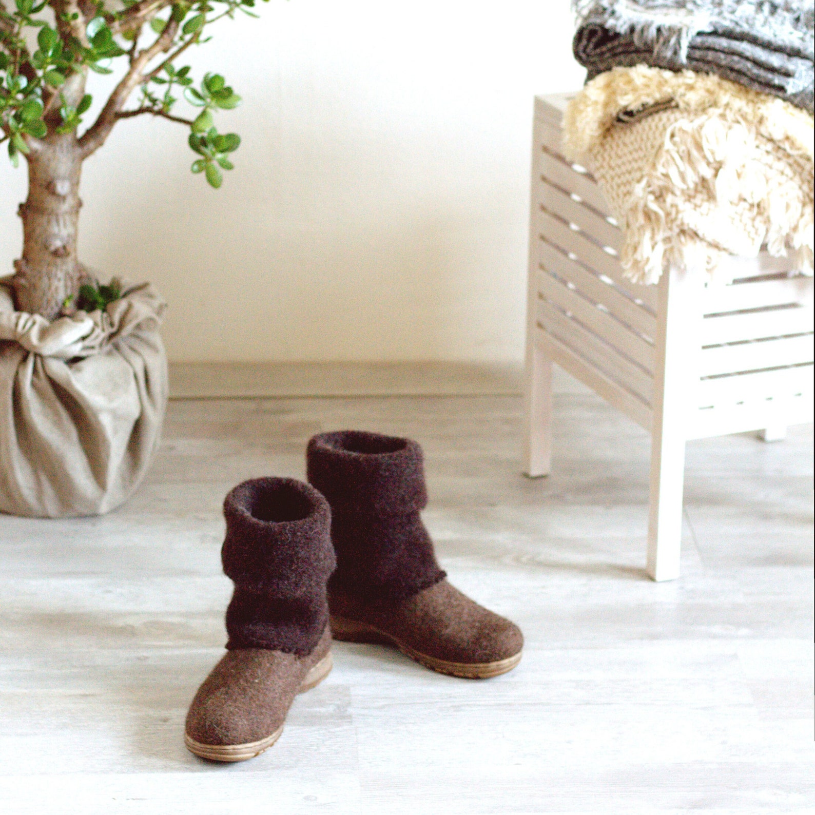 Boiled Wool Shoes From Organic Wool With Rubber Soles and Knitted ...