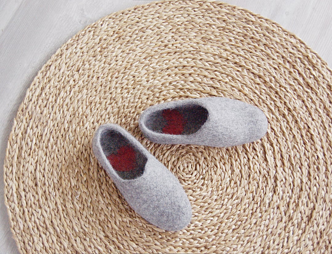 Organic Wool House Slippers: Grey Felted Clogs With Hearts - Etsy