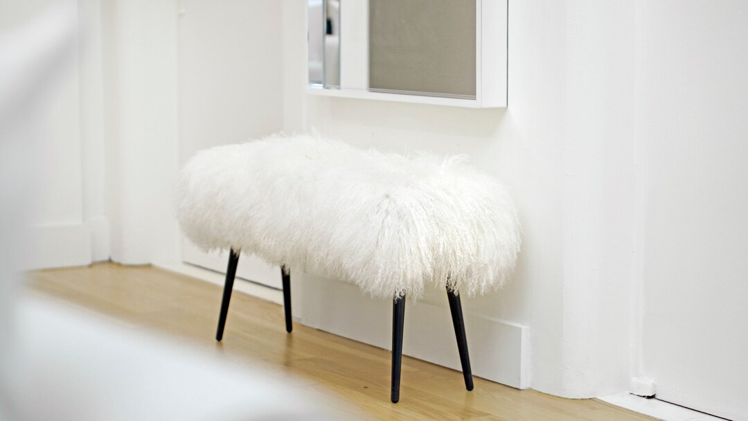 White Mongolian Lamb Bench: Fur Stool, Wood Legs (40"l X 12"w X 18"h ...