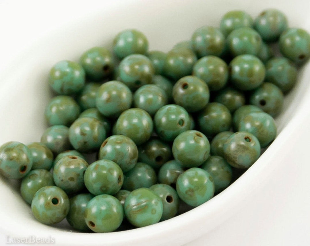 6 Mm Czech Round Beads (50) Green Blue Glass, Pressed Druk Czech ...