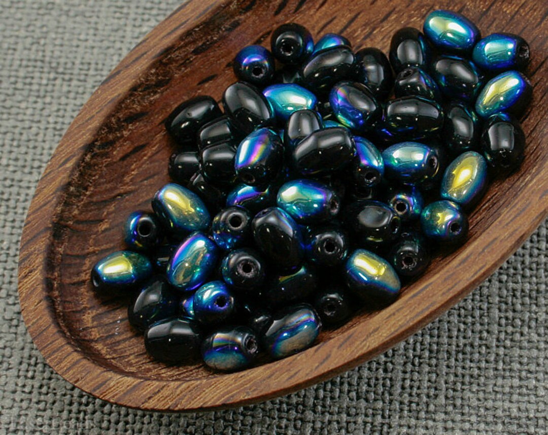 Black Czech Rice Oval Beads 7mm (50pc) Opaque AB Glass Last Czechbeads ...