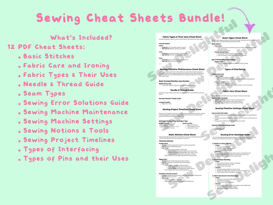 Sewing Cheat Sheets | Printable Beginner Sewing Guide PDF | Stitches, Fabric Care & Machine ...