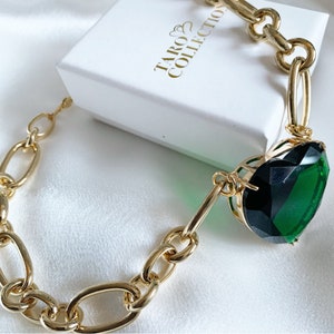 Green Crystal Heart Gold Chunky Chain Necklace, Green Heart Necklace ...