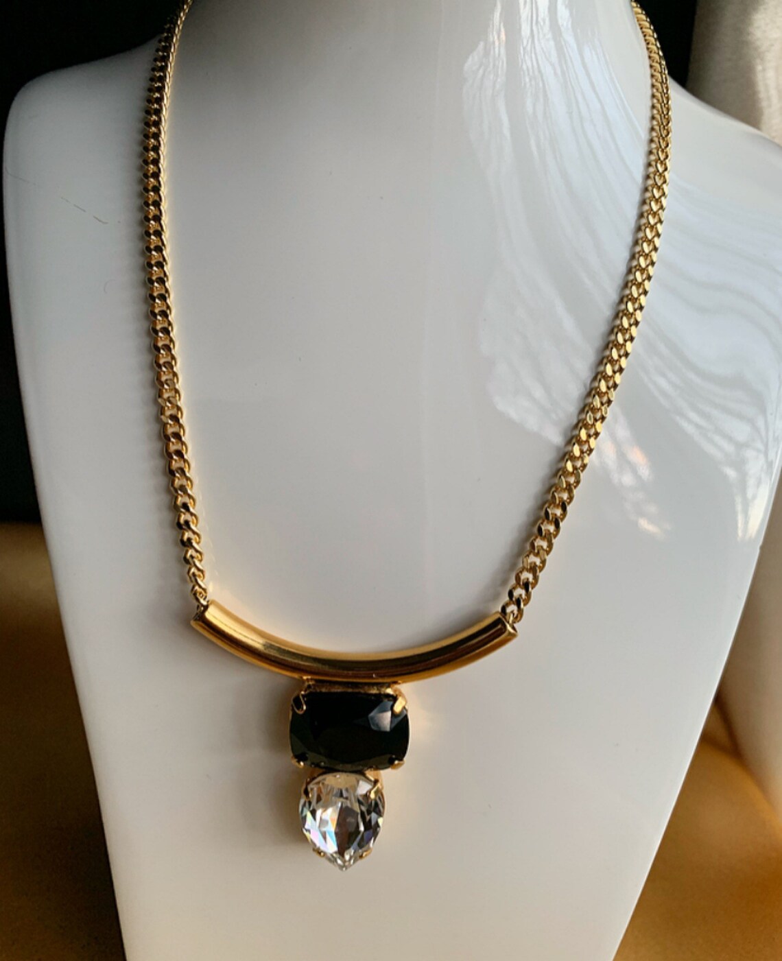 Crystal Clear Teardrop & Black Rectangle Crystal Pendant Necklace, Gold ...