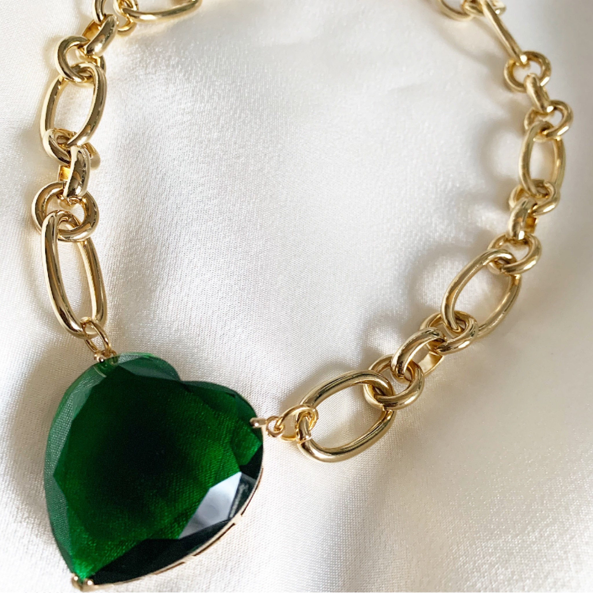 Green Crystal Heart Gold Chunky Chain necklace Green Heart | Etsy