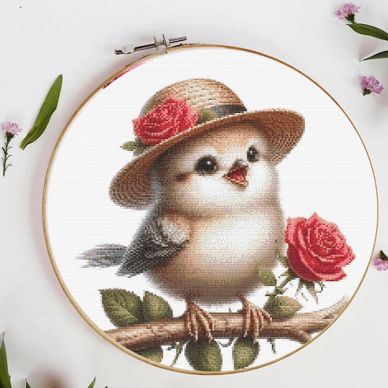 Floral Bird Cross Stitch Pattern, Rose Hat Animal Embroidery Design ...