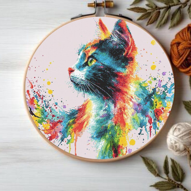 Colorful Cat Cross Stitch Pattern, Watercolor Animal Embroidery Design ...