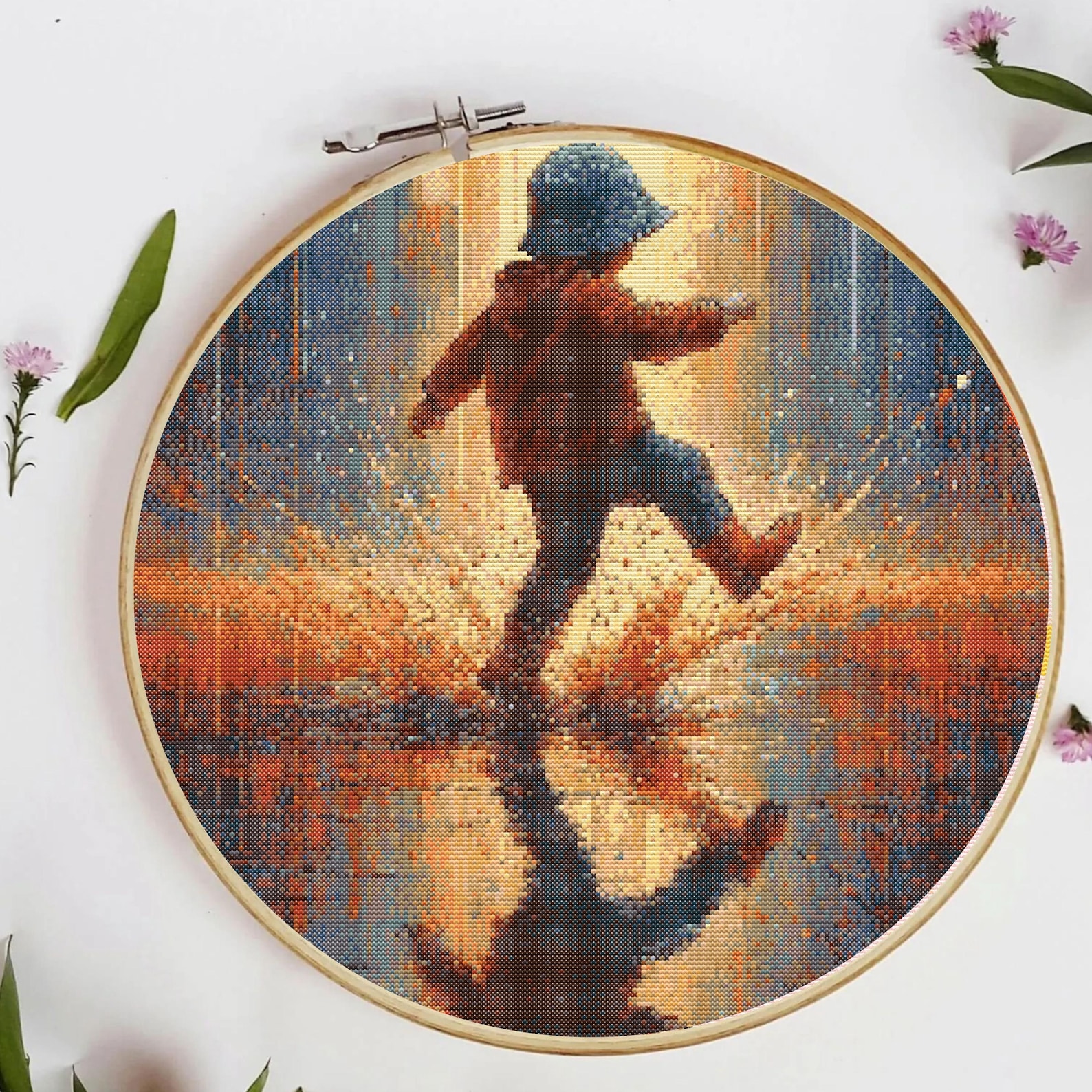 Child Splashing Puddles Cross Stitch Pattern, Water Reflection ...