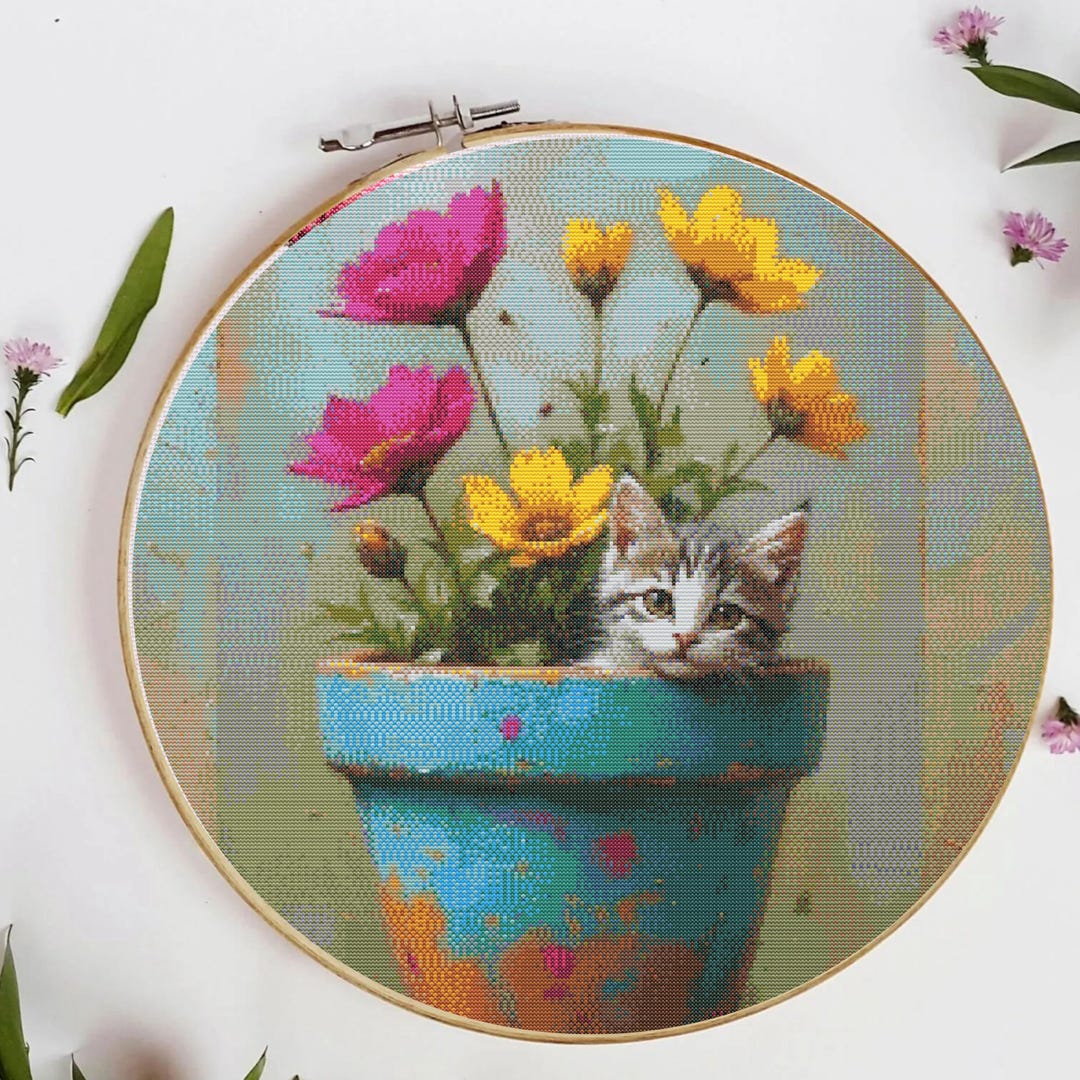 Cat Flower Pot Cross Stitch Pattern, Kitten Floral Embroidery Design ...