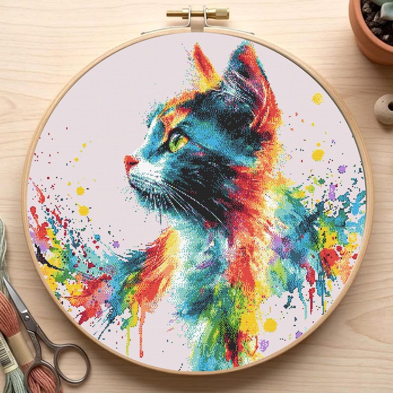 Colorful Cat Cross Stitch Pattern, Watercolor Animal Embroidery Design ...