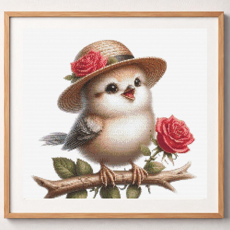 Floral Bird Cross Stitch Pattern, Rose Hat Animal Embroidery Design ...