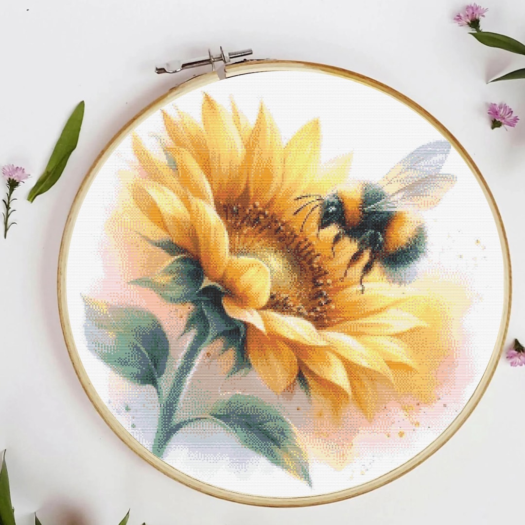Sunflower Bee Cross Stitch Pattern, Watercolor Floral Embroidery (PDF ...