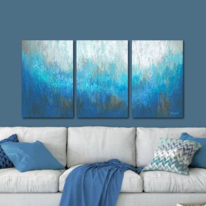 Aqua Blue and Brown Wall Art, Large Abstract 3 Panel Canvas Art Set ...
