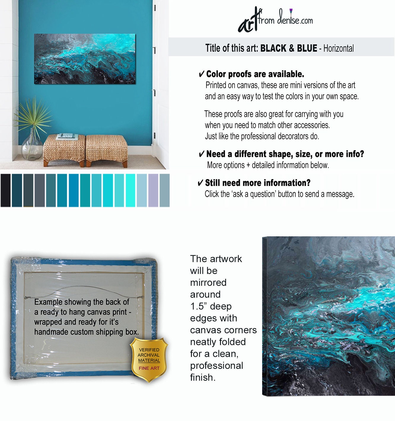 Blue black & grey abstract artwork Long horizontal canvas | Etsy