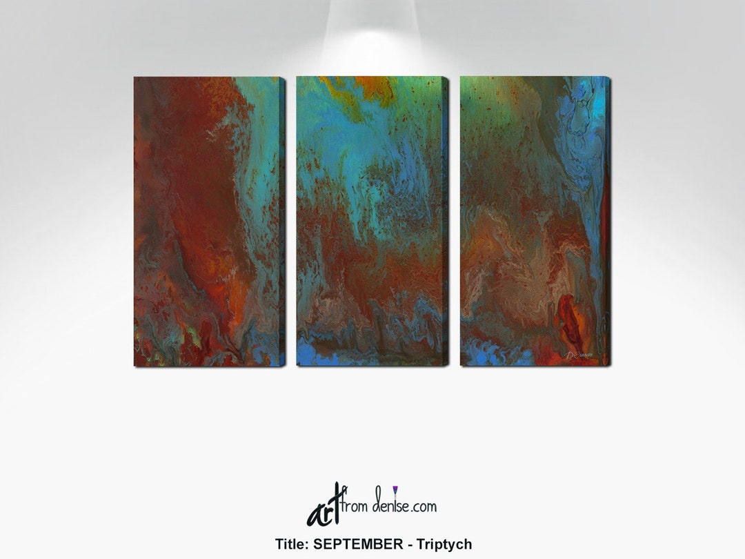 Abstract Triptych 3 Piece Wall Art Canvas Set, Red Blue Brown & Green ...
